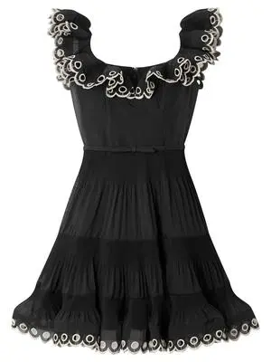 Zimmermann Belted Embroidered Ruffled Pleated Organza Mini Dress - Black