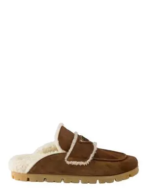 Prada Shearling Logo-plaque Mules - Brown