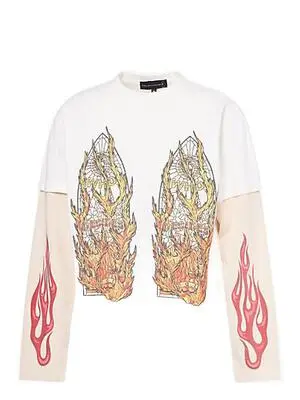 WHO DECIDES WAR BY EV BRAVADO Flame Glass Graphic-print Layered Cotton-jersey Top - Cloud Multi