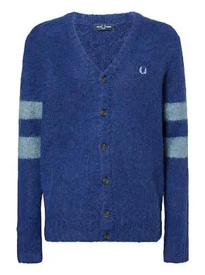 Fred Perry Logo-embroidered Striped-sleeve Wool Blend Cardigan - French Navy