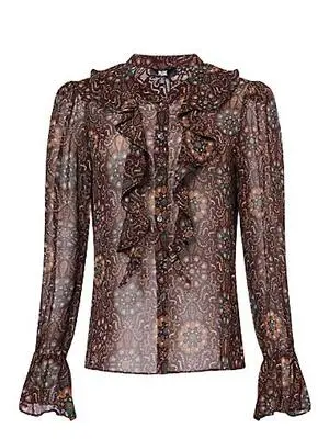 Paige Claude Frill-neck Silk Blouse - Dark Chocolate Multi