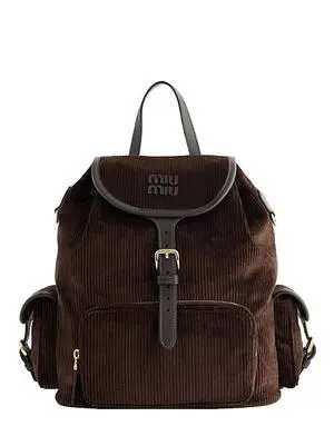 Miu Miu Cotton-corduroy Backpack With Brand Appliqu - Ebano