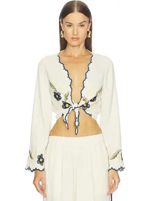 Agua Bendita Soleil Floral Embroidered Wrap Shirt - White