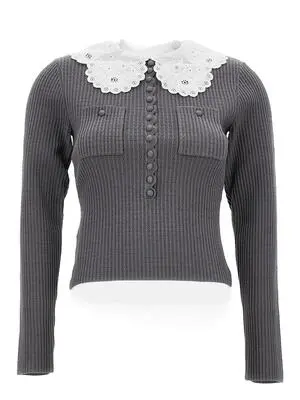 SELF-PORTRAIT Knit Top With Wide Collar - Grey