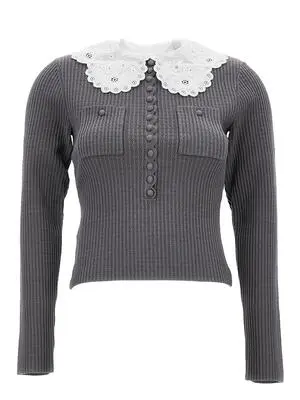 SELF-PORTRAIT Knit Top With Wide Collar - Grey