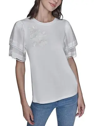 Karl Lagerfeld Paris Floral Knit Flutter Sleeve Top - Soft White