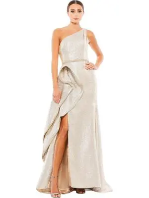 Mac Duggal Metallic Ruffled One-shoulder Gown - Oyster