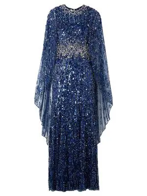 Jenny Packham Cape-effect Embellished Tulle Gown - Blue