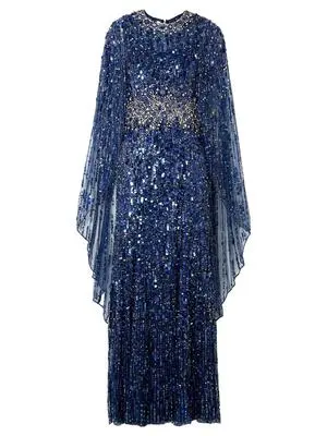 Jenny Packham Cape-Effect Embellished Tulle Gown Navy