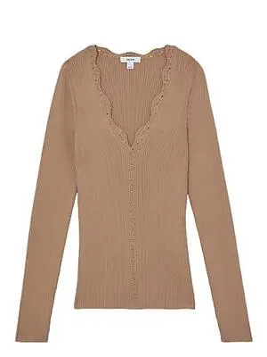REISS Crochet-trim Knitted Top - Taupe Neutral