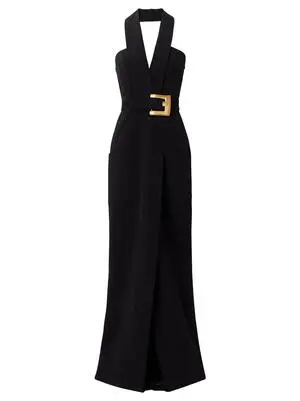 Balmain Belted Paneled Halterneck Gown - Black