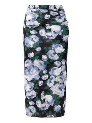 Stella McCartney Ruched Floral-print Stretch-mesh Midi Skirt - Blue