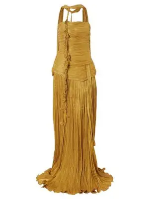 MARMAR HALIM Strapless Metallic Plissé-satin Gown With Scarf Detailing - Yellow