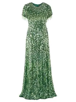 Jenny Packham Eugenie Fringed Cape-effect Embellished Gown - Green