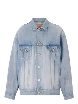 Balenciaga Oversized Distressed Printed Denim Jacket - Blue