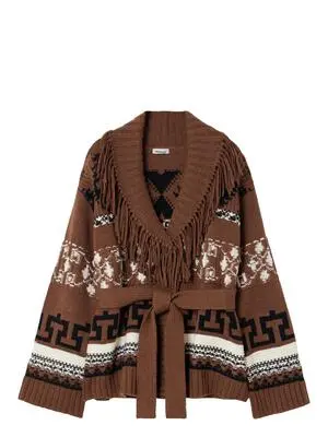Simkhai Elwood Belted Fringed Intarsia Wool And Cashmere-blend Cardigan - Brown