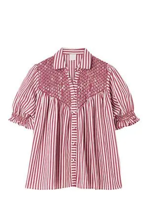 Loretta Caponi Milvia Smocked Striped Satin Blouse - Red