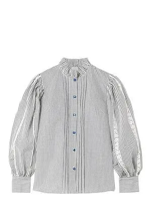 Loretta Caponi Anastasia Lace-trimmed Striped Blouse - Blue