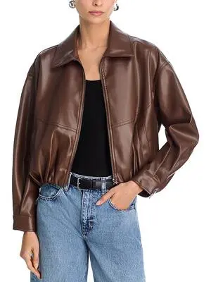 Aqua Faux Leather Bubble Hem Bomber Jacket - Brown
