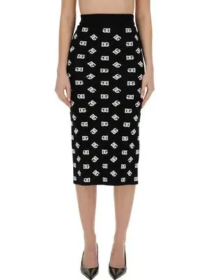 Dolce & Gabbana Viscose Logo Jacquard Pencil Skirt - Black
