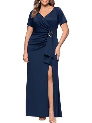 XSCAPE EVENINGS Ruched Drape Gown - Midnight