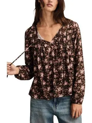 Lucky Brand Pintuck Floral Peasant Top - Black Multi