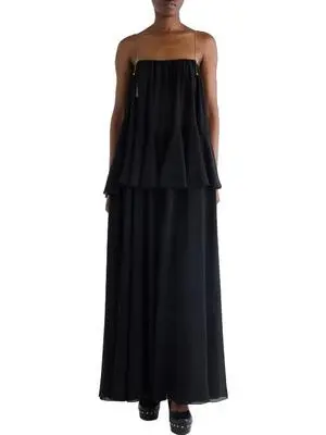 Chloé Chain Strap Peplum Silk Georgette Maxi Dress - Black