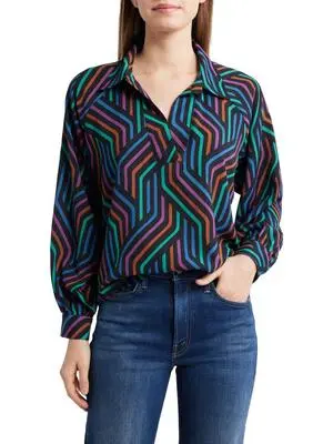 APNY Print Split Neck Blouse - Black Multi