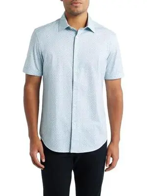 Bugatchi Miles Ooohcotton® Print Short Sleeve Button-up Shirt - Seafoam