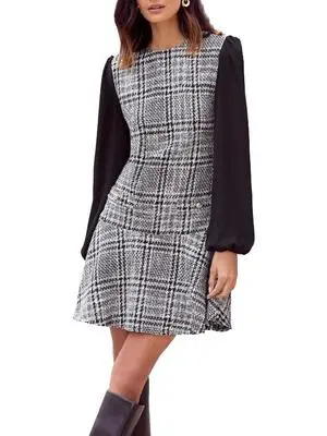 FRIENDS LIKE THESE Check Long Sleeve Bouclé Minidress - Black White Multi