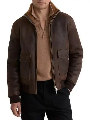 REISS Peveral Genuine Shearling Lined Leather Jacket - Brown