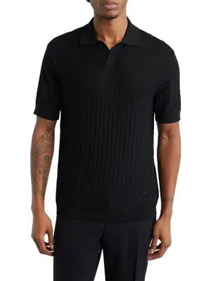 Emporio Armani Basket-weave Stitch Johnny Collar Virgin Wool Polo Sweater - Solid Black