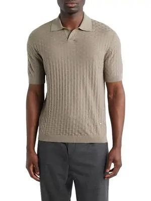 Emporio Armani Basket-weave Stitch Johnny Collar Virgin Wool Polo Sweater - Solid Medium Beige