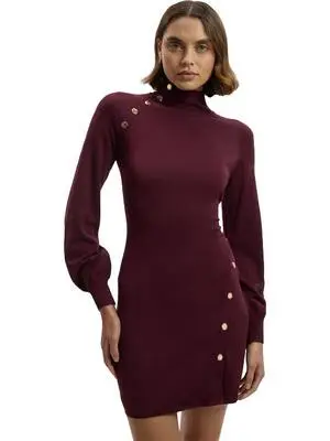Karen Millen Viscose Blend Popper Knit Mini Dress - Burgundy