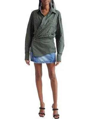 Alexander Wang Long Sleeve Check & Denim Wrap Mini Dress - Green/navy