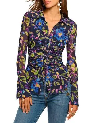 Ramy Brook Talisa Floral Print Shirt - Navy Floral Mesh