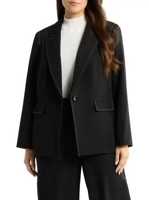 TAHARI ASL Topstitch Detail One-button Blazer - Black White