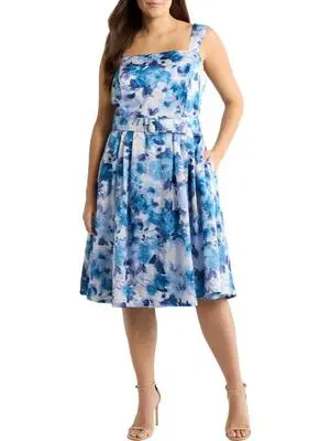 TAHARI ASL Floral Print Belted Sleeveless Dress