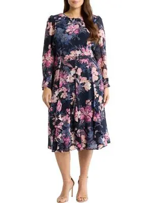 TAHARI ASL Floral Belted Long Sleeve Dress - Navy Peri Rose