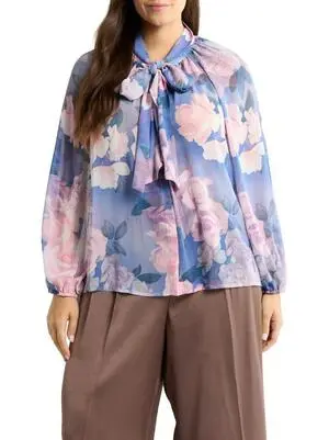 TAHARI ASL Printed Ruffle Top - Blue Petal Floral