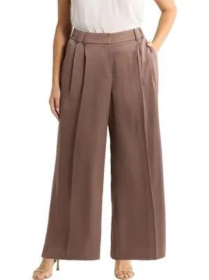 TAHARI ASL Pleated Satin Wide Leg Trousers - Mocha