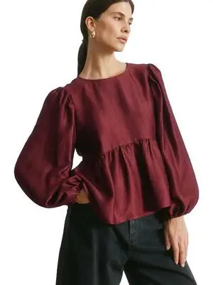 ALBARAY Crinkle Long Sleeve Satin Top - Burgundy