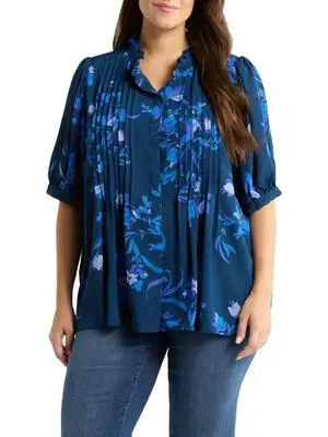 SUGARLIPS Niva Floral Elysia Pleated Top - Navy-blues