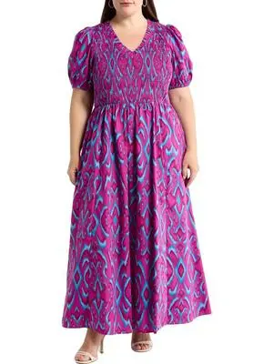 SUGARLIPS Ivani Abstract Smocked Maxi Dress - Magenta-blue