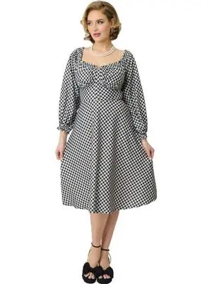 Unique Vintage Peasant Sleeve Swing Dress - Black & White Gingham