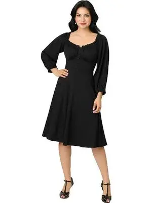 Unique Vintage Peasant Sleeve Swing Dress - Black Ruffle