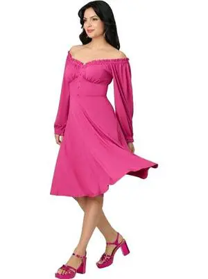Unique Vintage Peasant Sleeve Swing Dress - Pink Solid