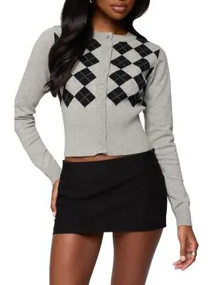 EDIKTED Argyle Knit Crop Cardigan - Gray-melange