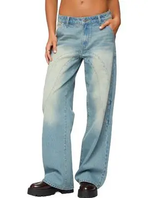 EDIKTED Kiria Stitched Low Rise Baggy Jeans - Blue-washed