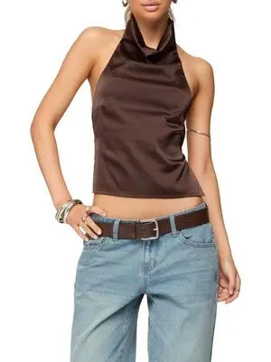 EDIKTED Cowl Neck Backless Satin Crop Top - Dark-brown